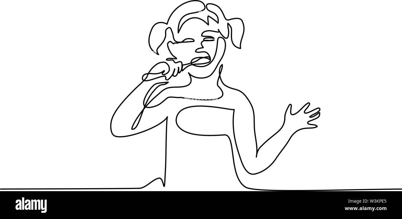 Continuous one art line drawing sketch. Little girl brushing her teeth ...