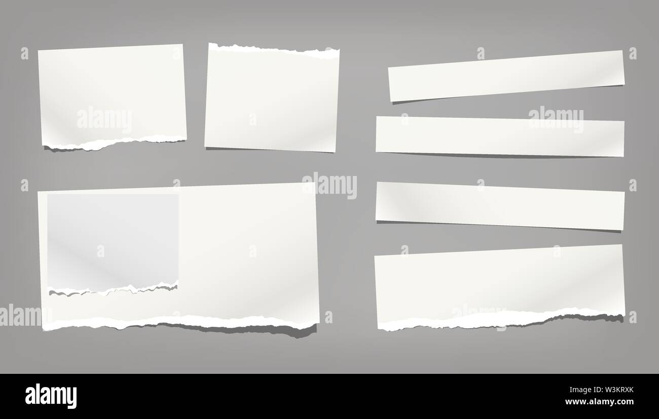 White ripped, torn note, notebook paper strips, copybook sheet stuck on ...