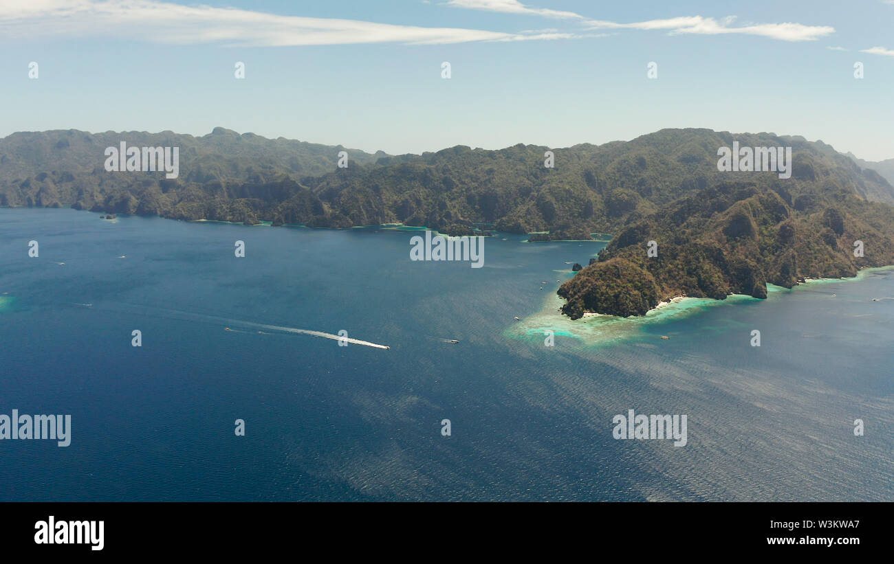 Aerial drone lagoons and coves with blue water among the rocks. lagoon ...