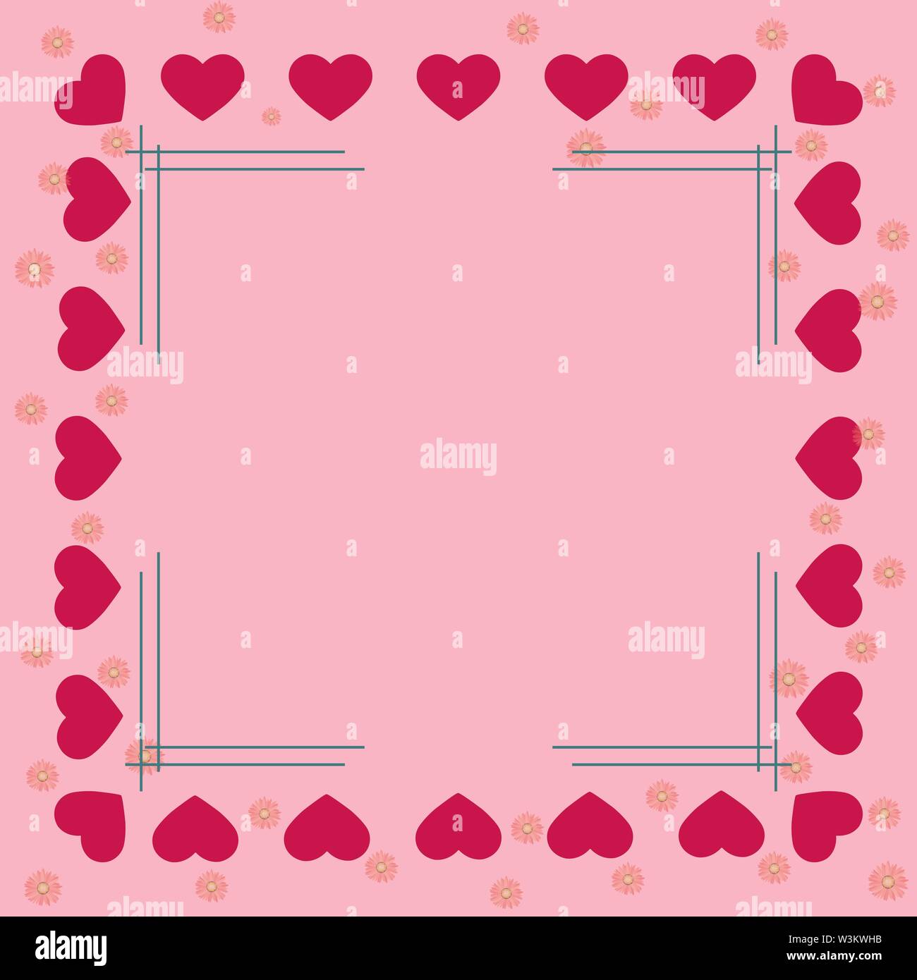 Pink heart and flowers on the borders of a pink background with a frame ...