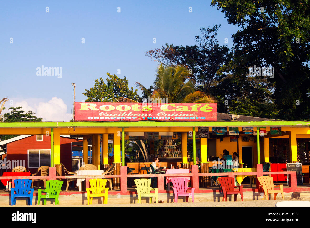 NEGRIL, JAMAICA - MAY 24. 2010: Colorful cafe and restaurant on Bourbon ...