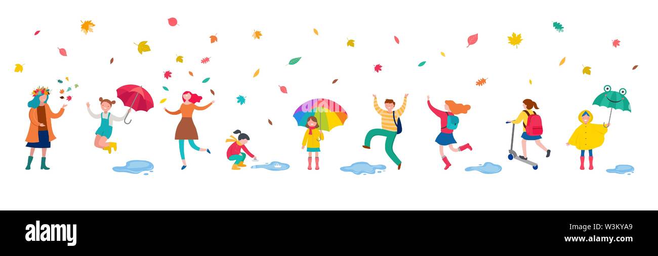 Autumn, fall scene with various cute people, families and children ...