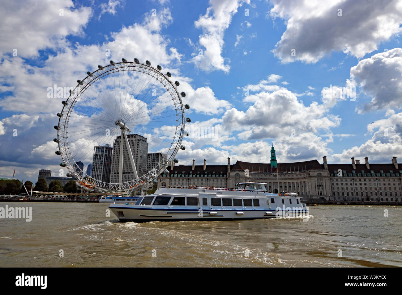 Boats on the River Thames in front of County Hall and the London Eye ...