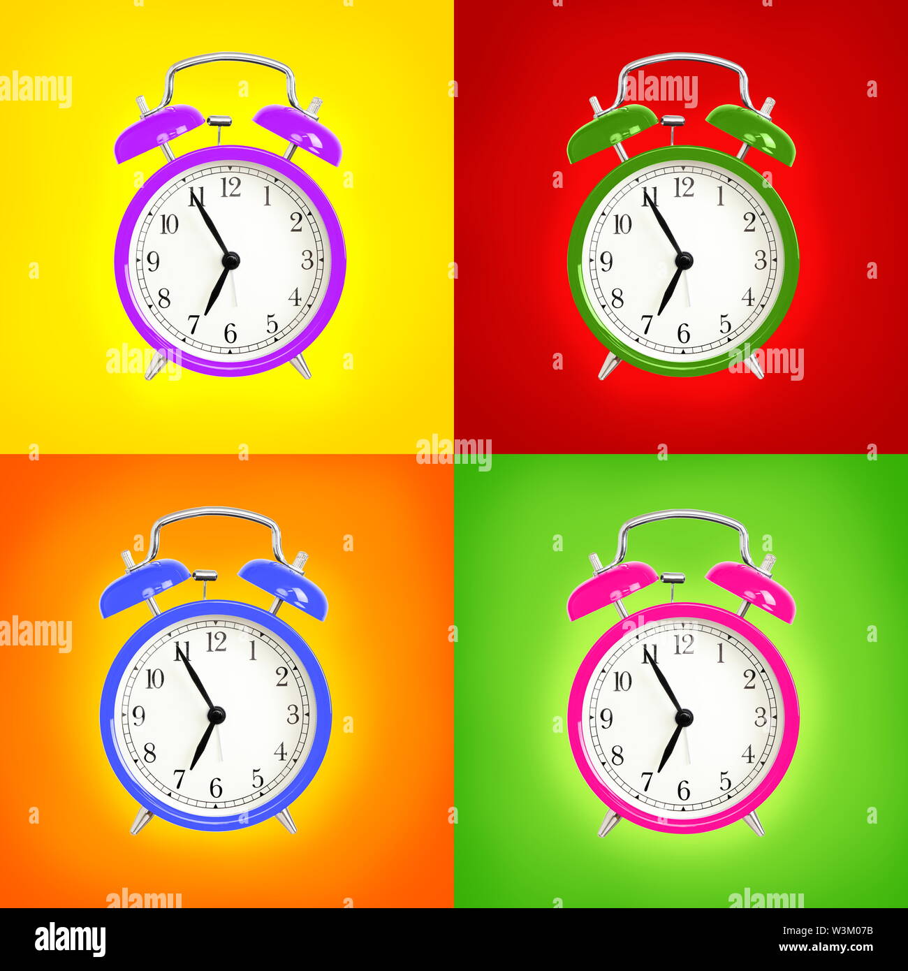 Alarm Clocks Isolated On Colorful Background Pink Blue Green And