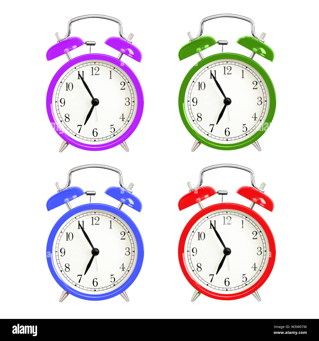 Alarm Clocks Isolated On White Background Red Blue Green And Purple