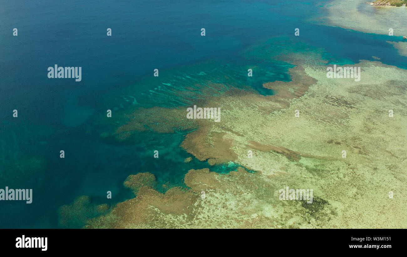 Aerial view lagoon with coral reef, atoll and turquoise water. Busuanga ...