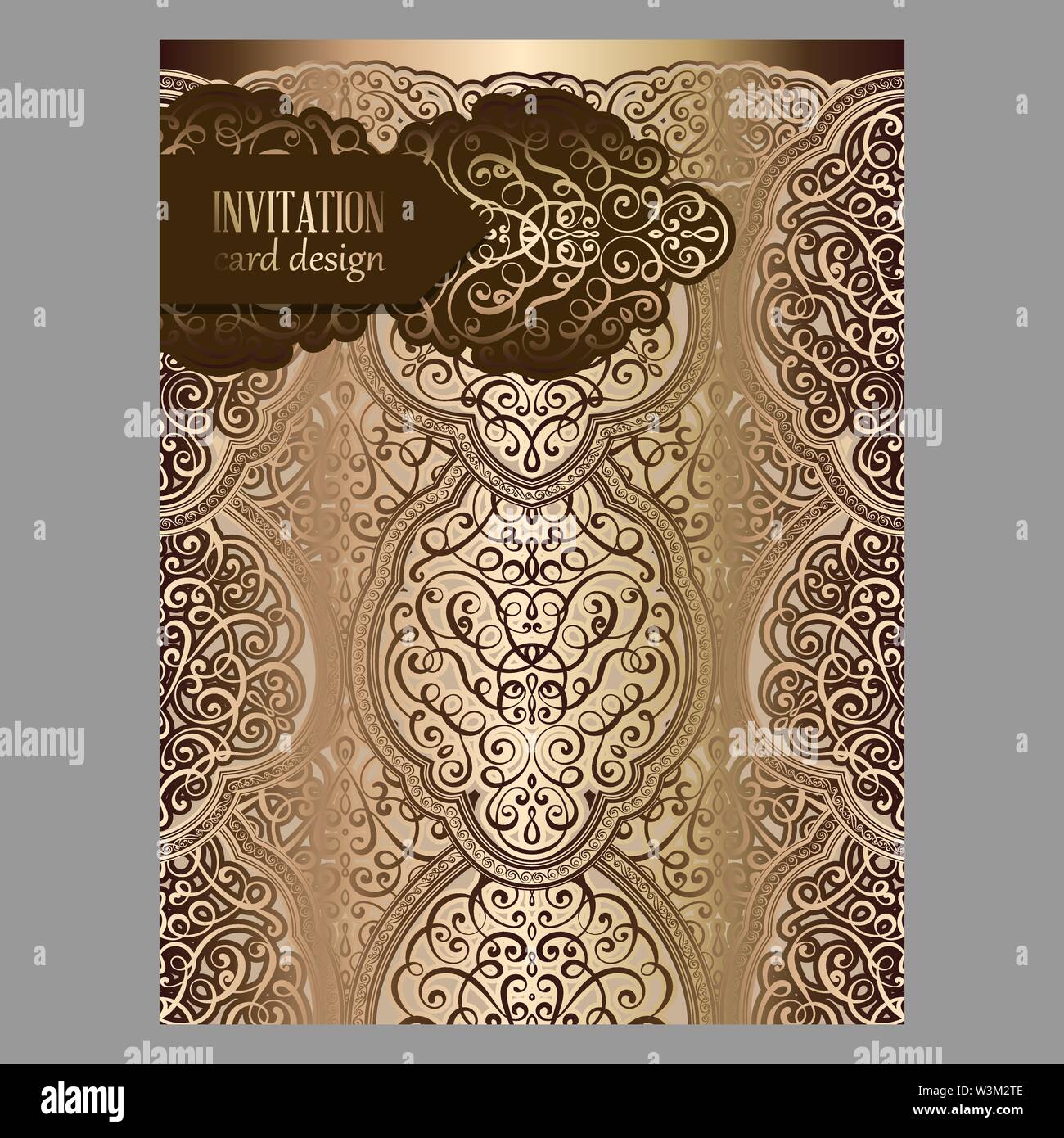 Wedding invitation card with beige and gold shiny eastern and baroque ...