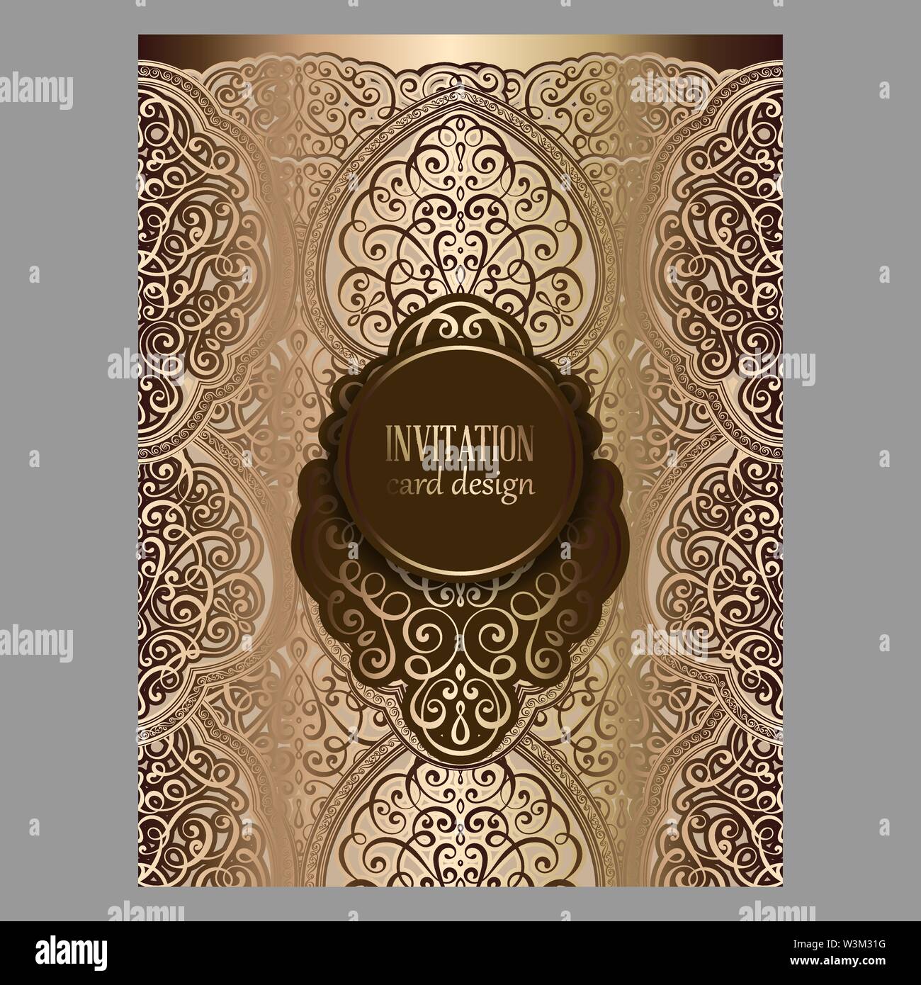 Wedding invitation card with bronze and gold shiny eastern and baroque ...