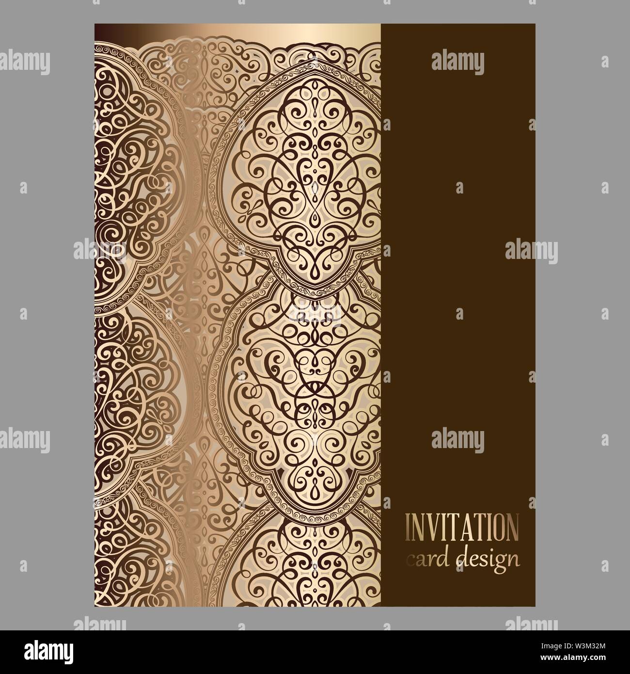 Wedding invitation card with bronze and gold shiny eastern and baroque ...