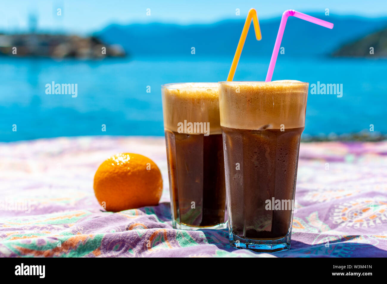 Traditional greek cold coffee Frappe with foam made from water, instant ...