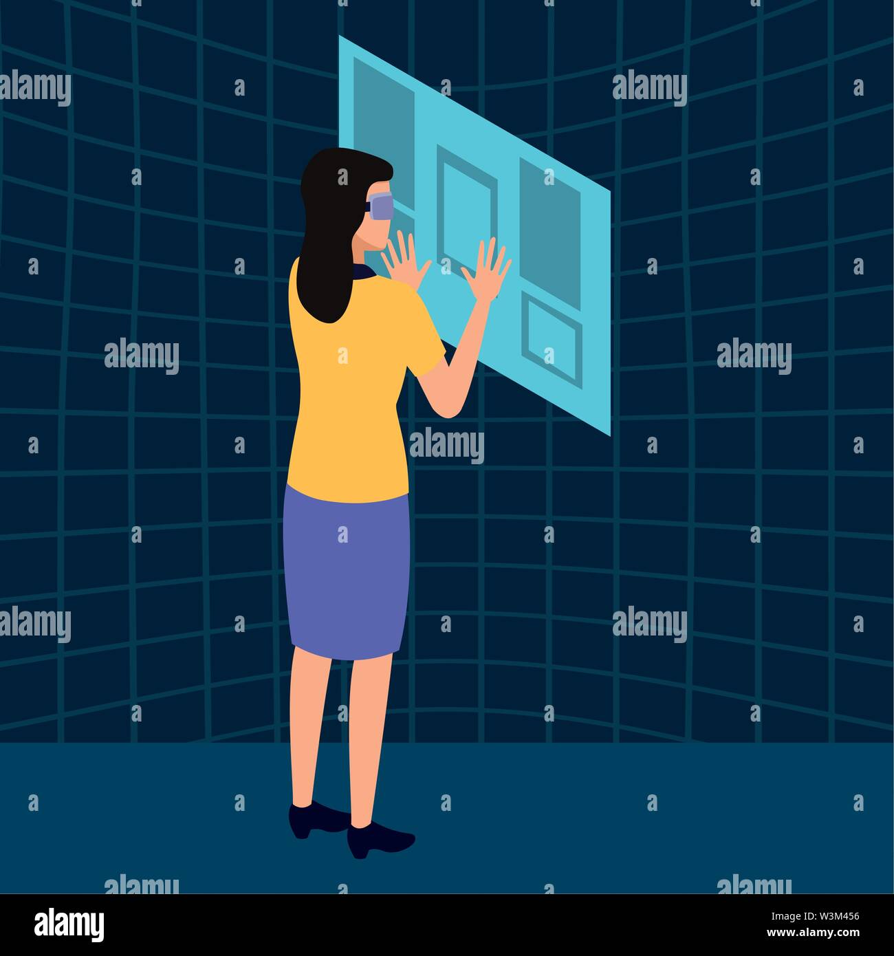 virtual reality technology experience cartoon on blue digital ...