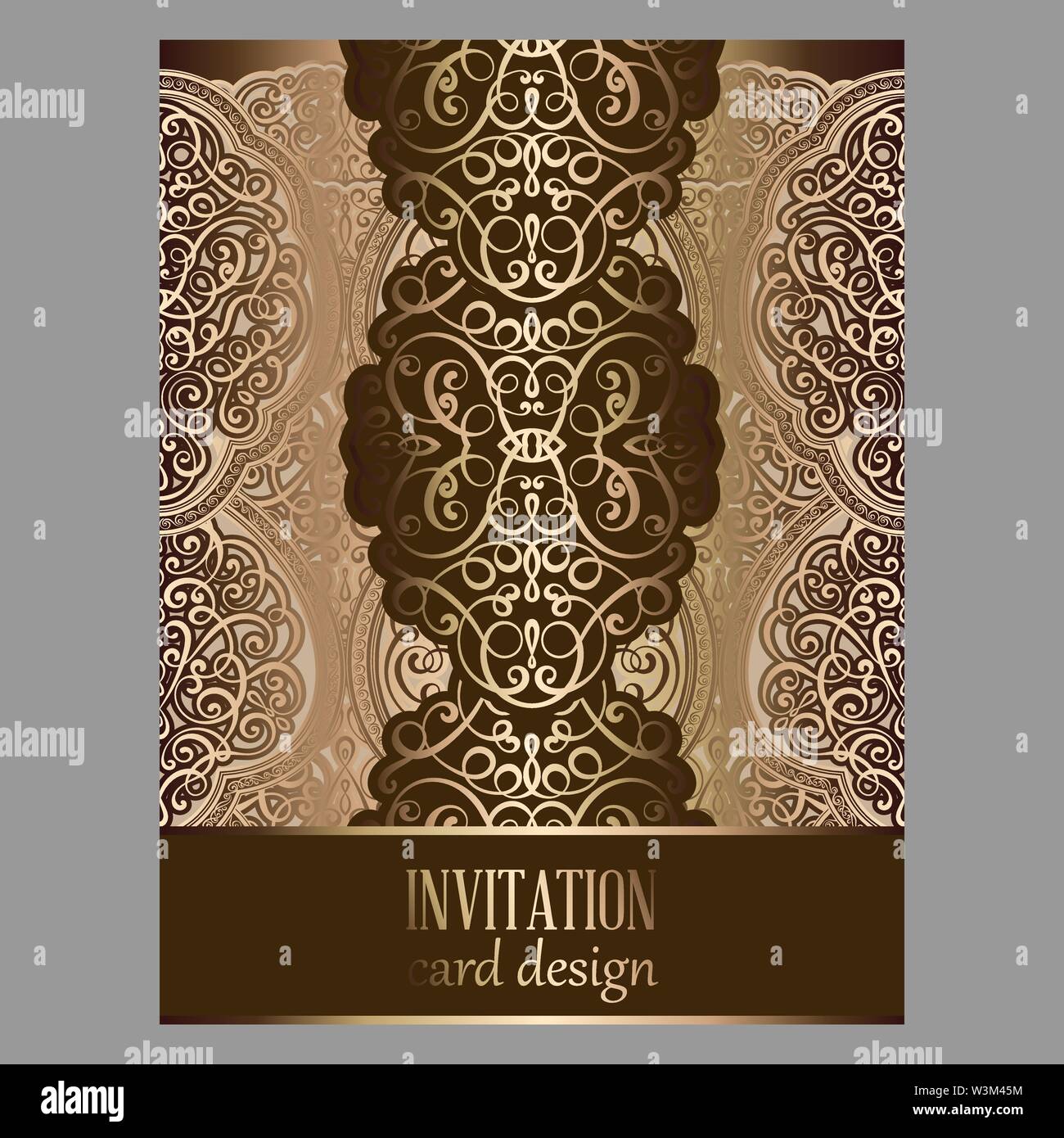 Wedding invitation card with bronze and gold shiny eastern and baroque ...