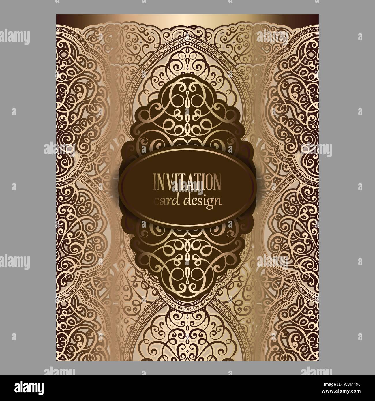 Wedding invitation card with bronze and gold shiny eastern and baroque ...