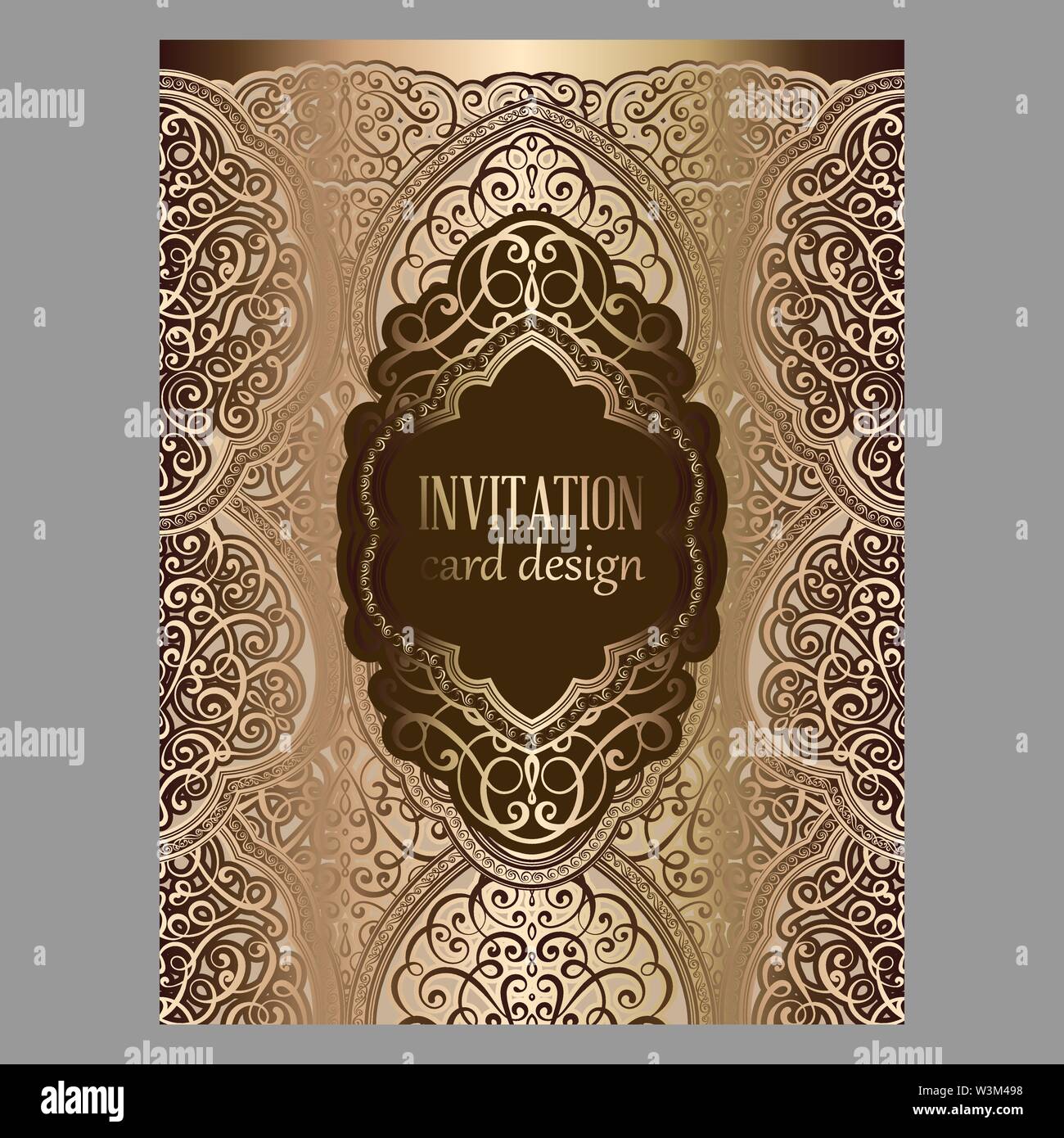 Wedding invitation card with bronze and gold shiny eastern and baroque ...