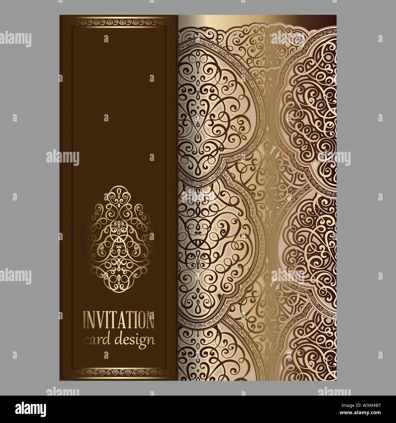Wedding invitation card with bronze and gold shiny eastern and baroque ...