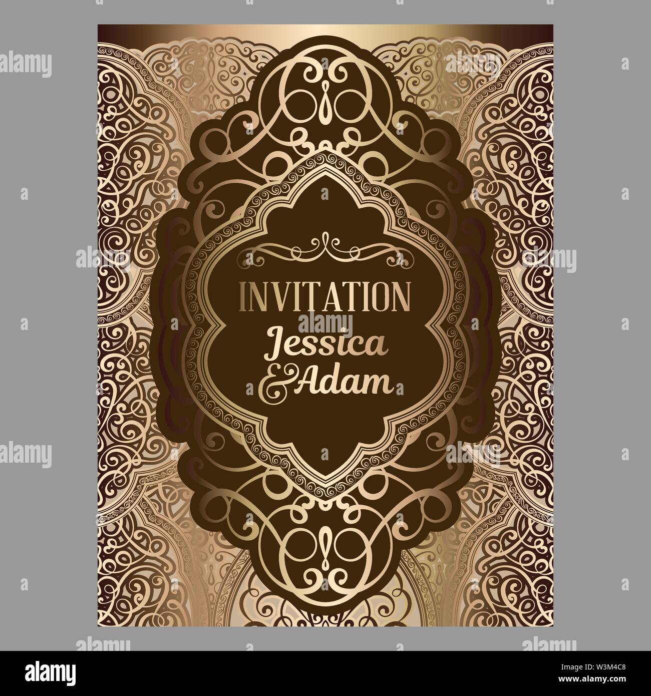 Wedding invitation card with bronze and gold shiny eastern and baroque ...