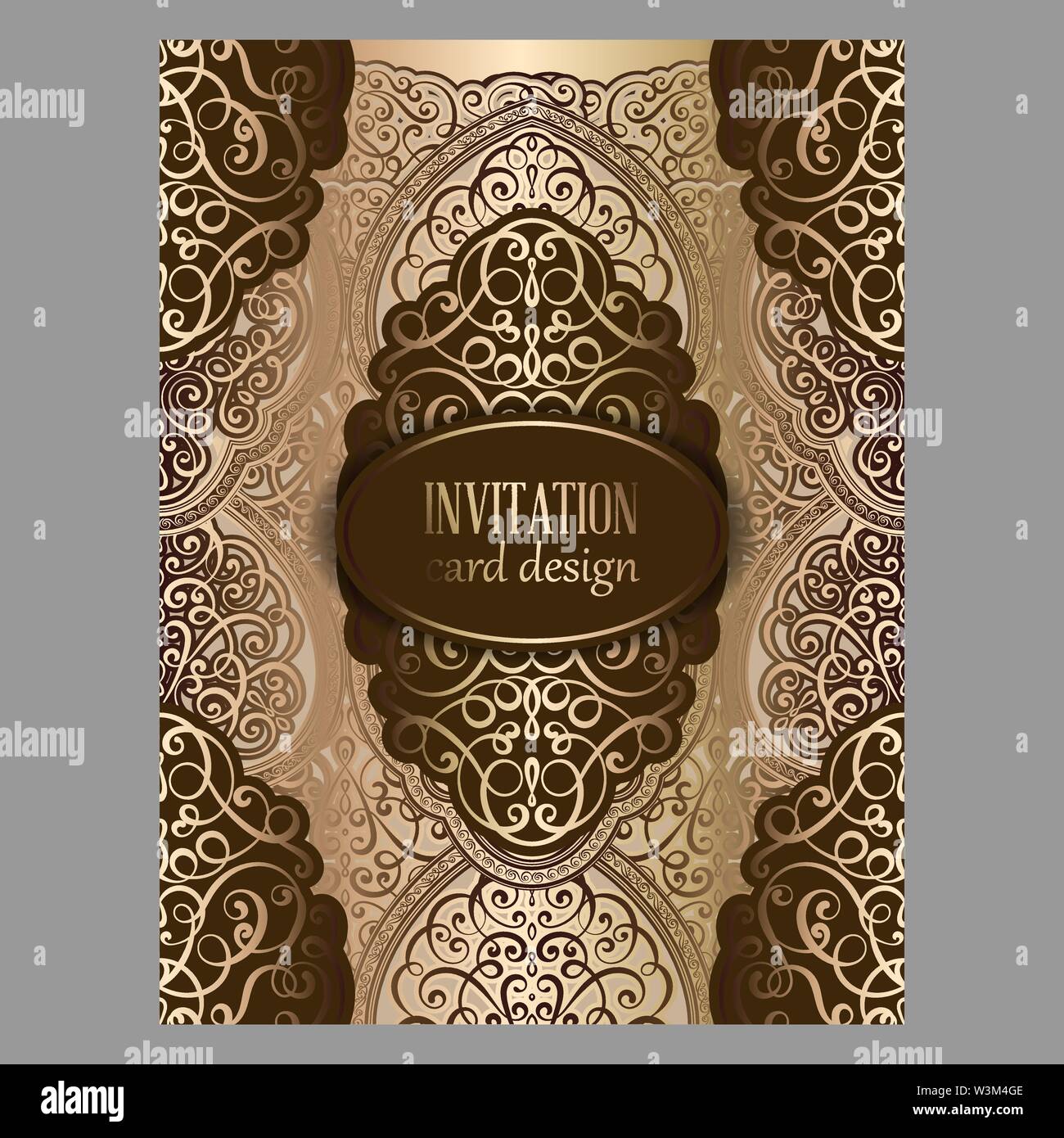 Wedding invitation card with bronze and gold shiny eastern and baroque ...