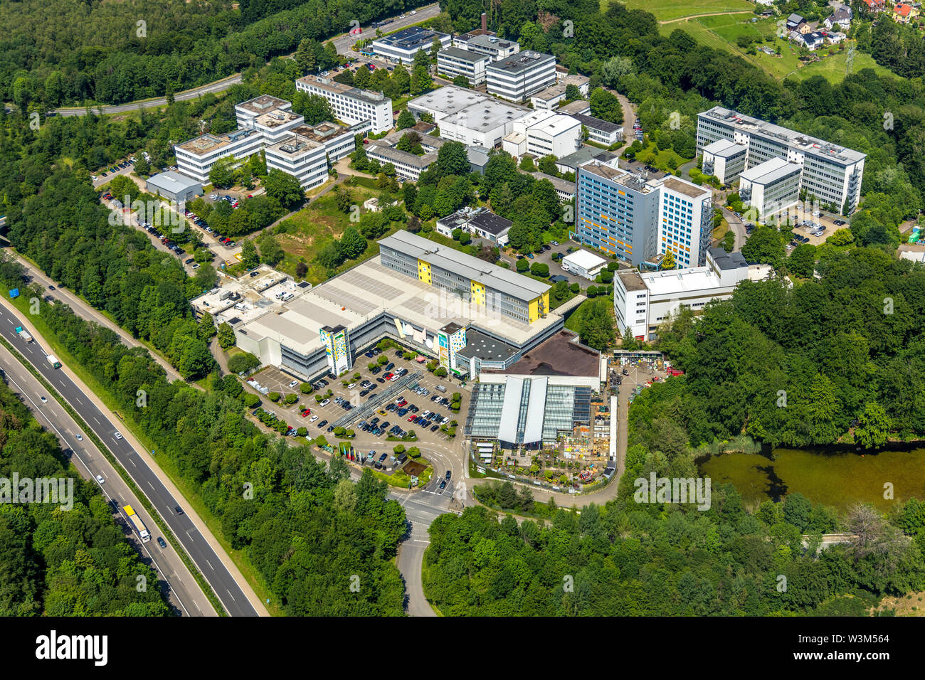 Aerial view of the commercial area Bensberg at the A4 motorway in ...