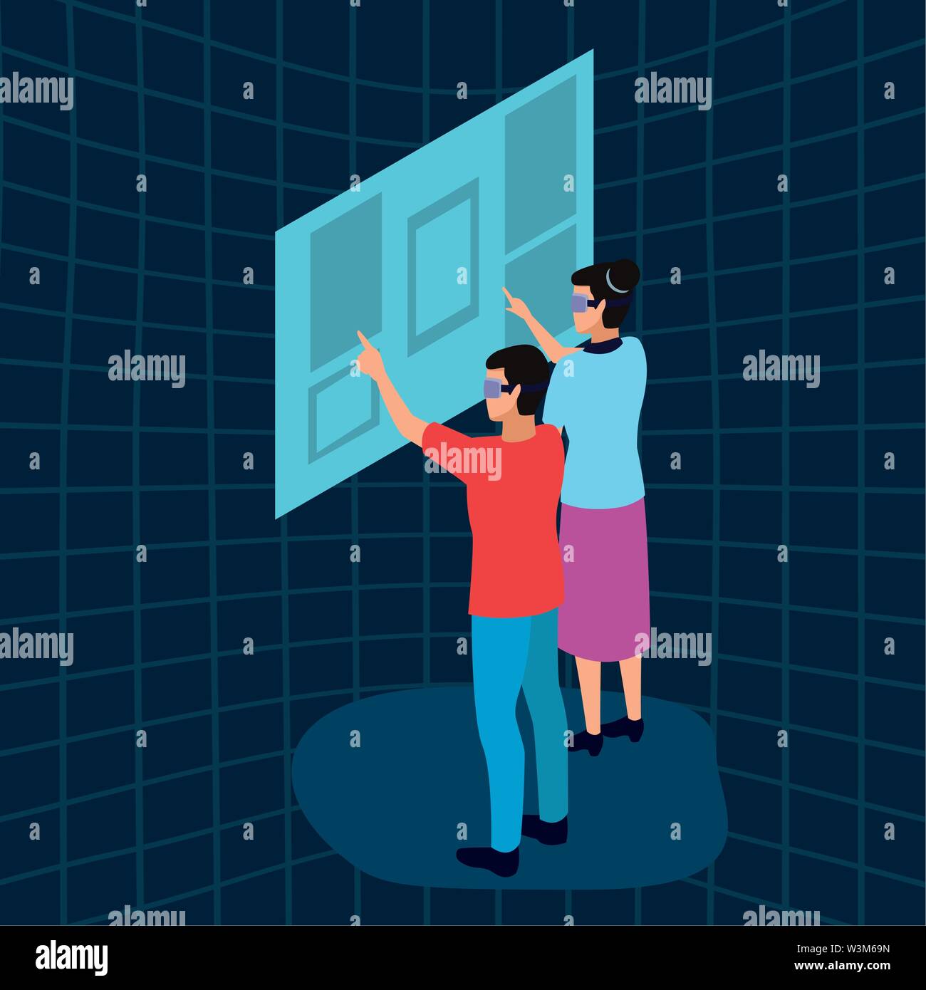 virtual reality technology experience cartoon on blue digital ...