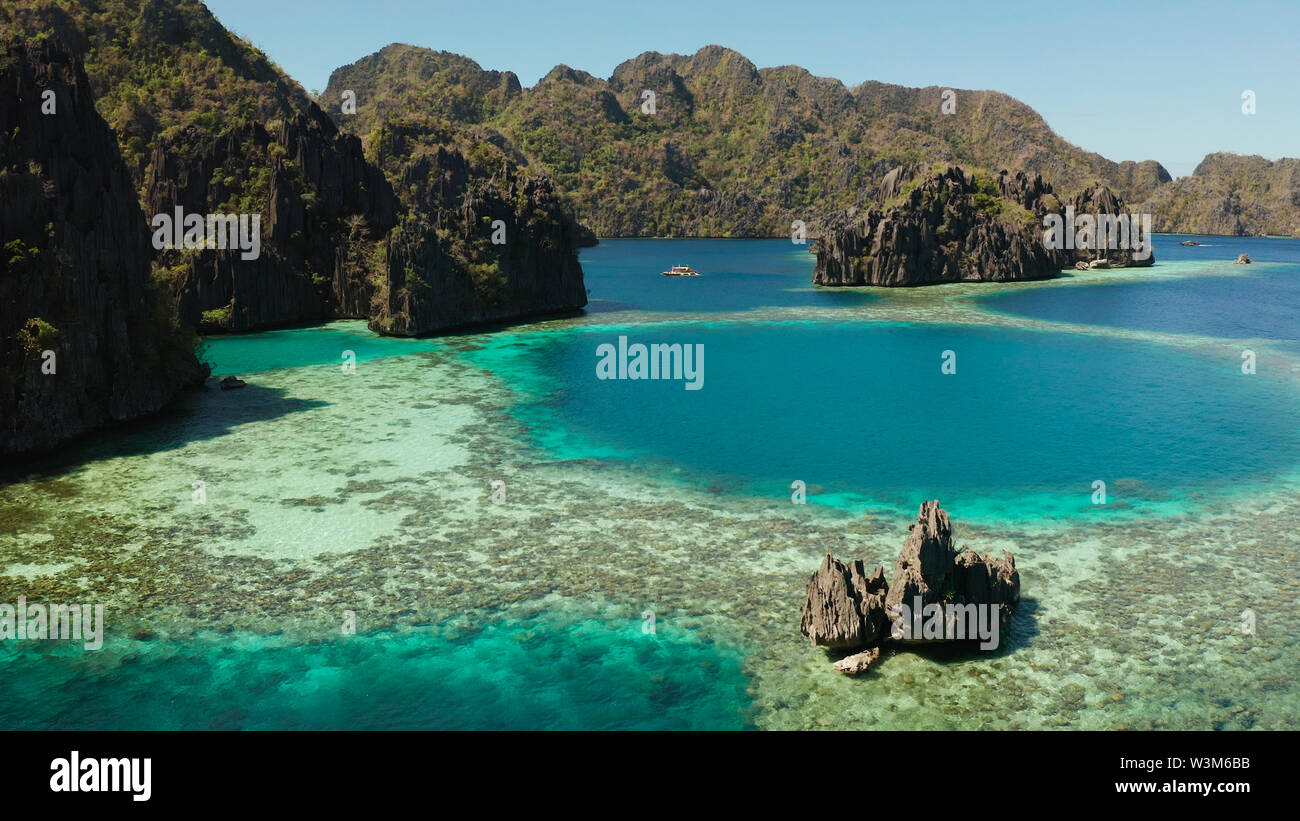 Aerial drone lagoons and coves with blue water among the rocks. lagoon ...