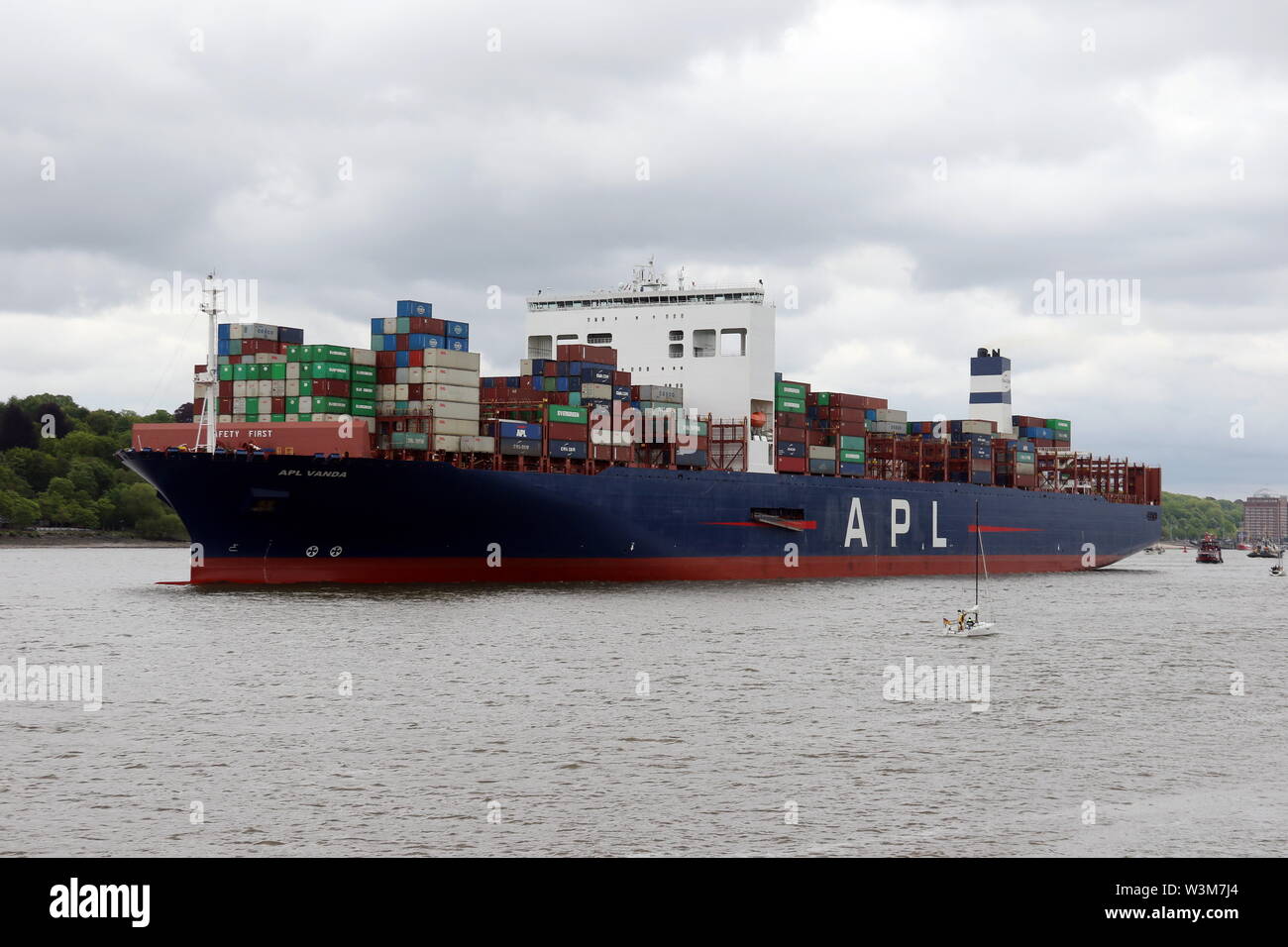 The container ship APL Vanda leaves the port of Hamburg on May 10, 2019 ...