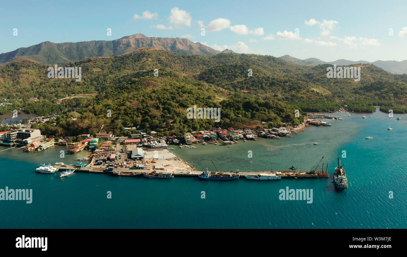 aerial view ferry port in the city of Coron, on the island Busuanga ...