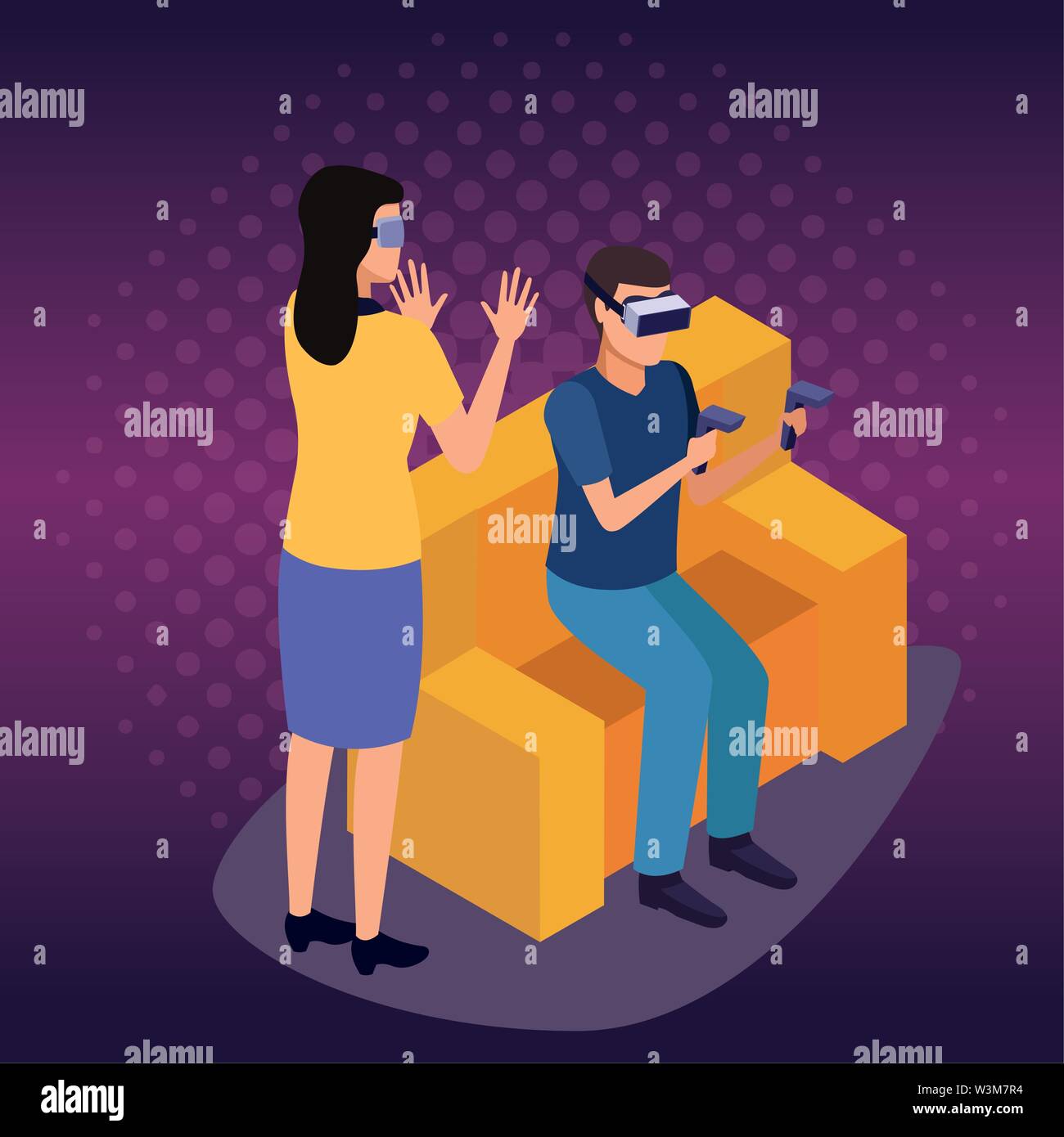 virtual reality technology experience cartoon on purple digital ...