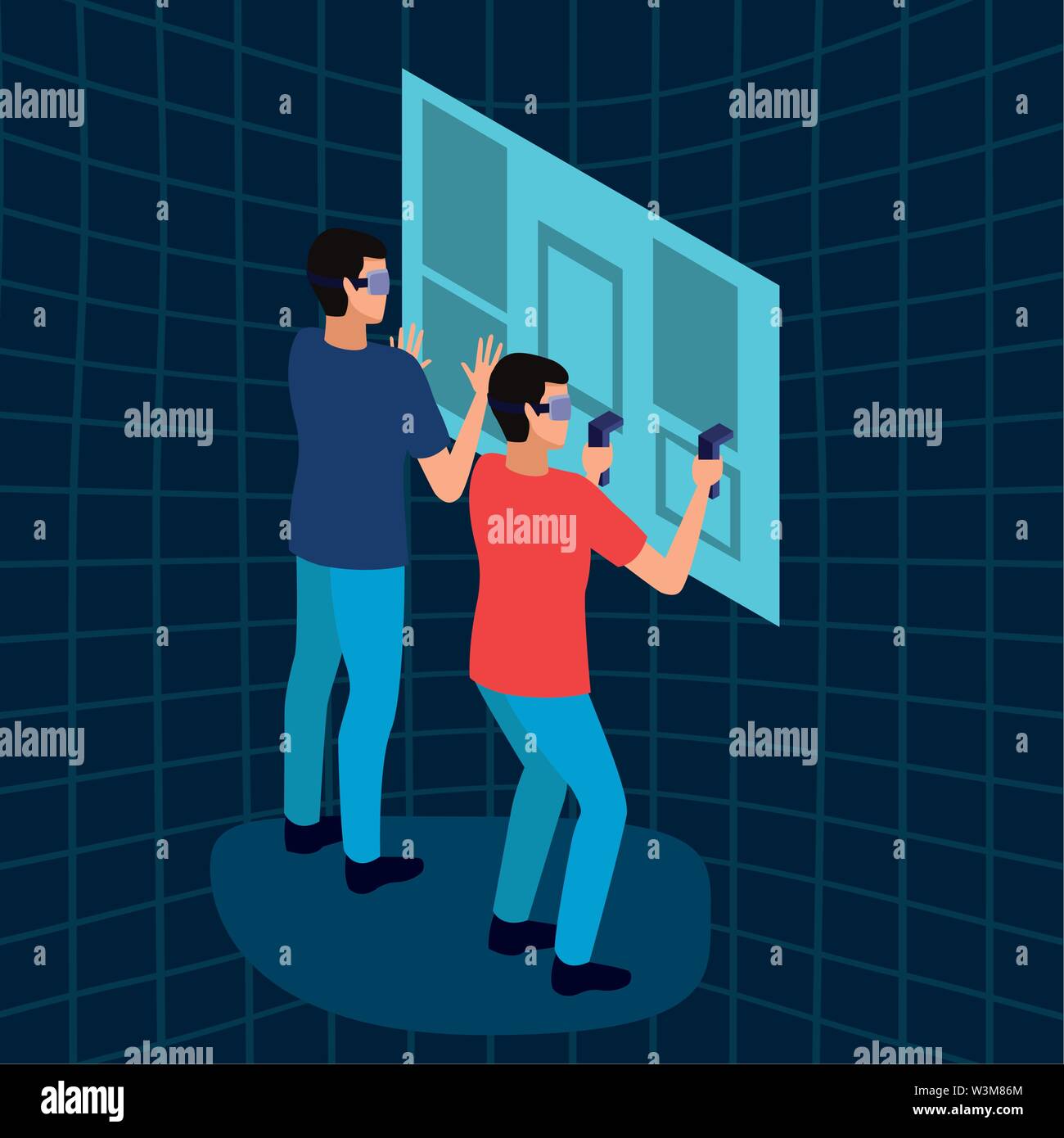 virtual reality technology experience cartoon on blue digital ...