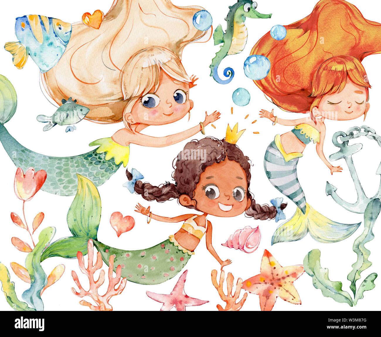 Mermaid Various Watercolor Character Ocean Set Stock Photo - Alamy