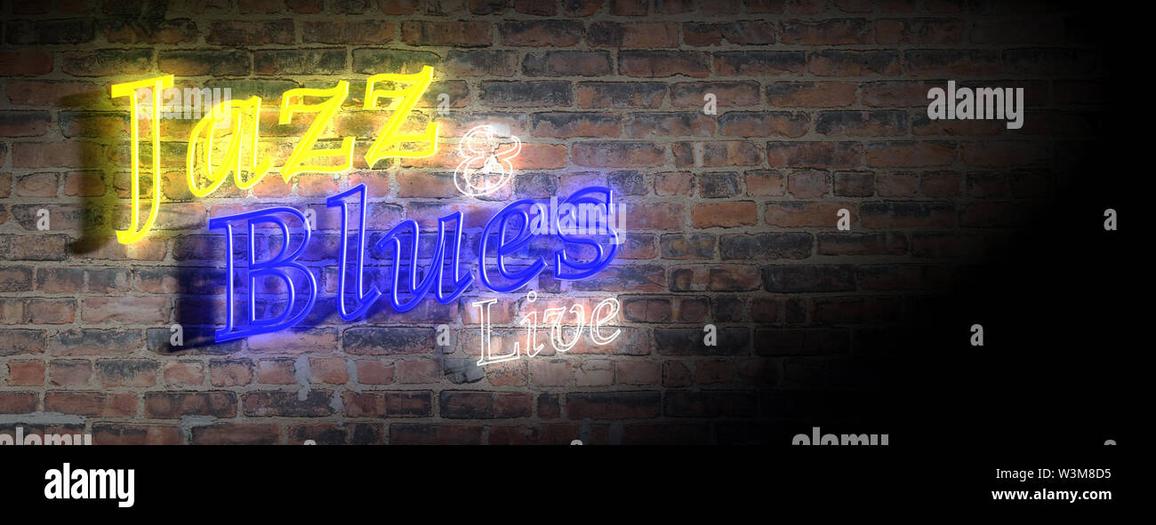 Jazz and Blues sign, neon light yellow and blue color text, dark brick ...