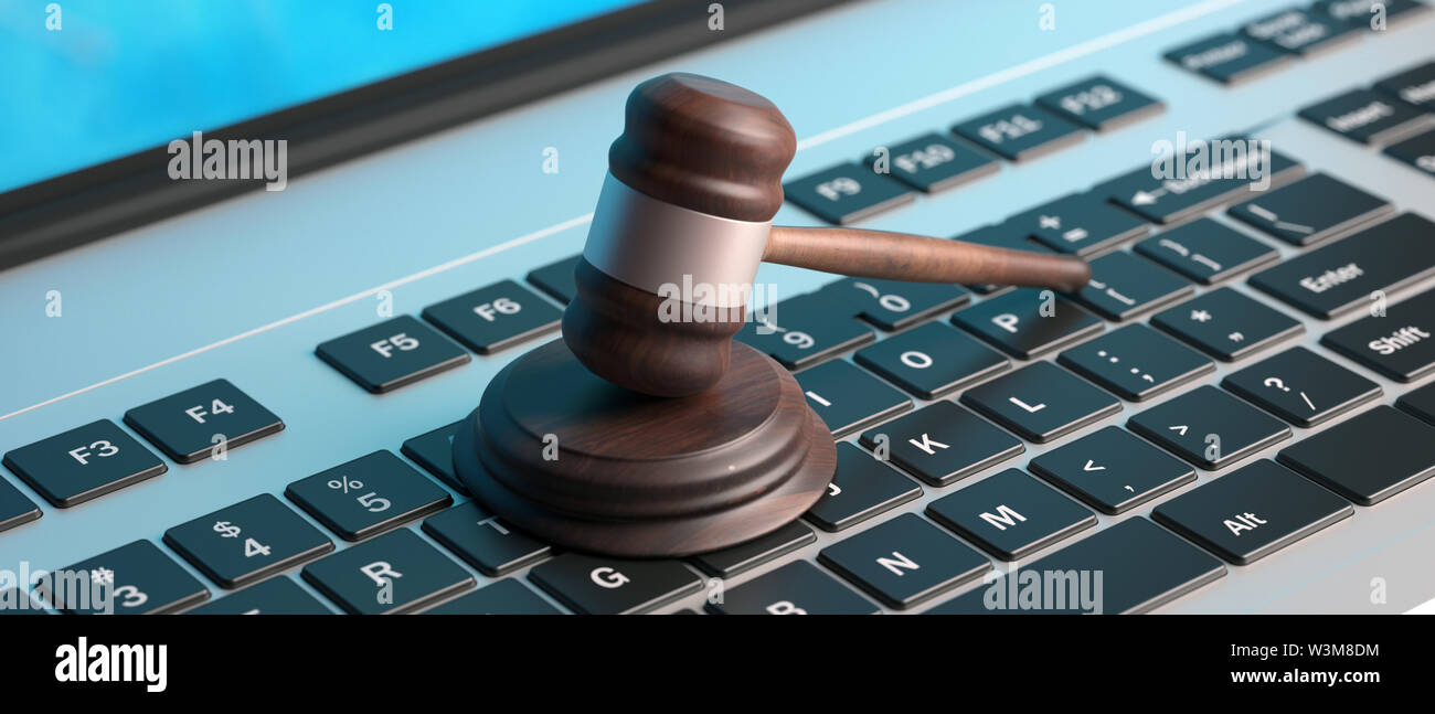 Online auction concept. Judge gavel on computer laptop keyboard, banner ...