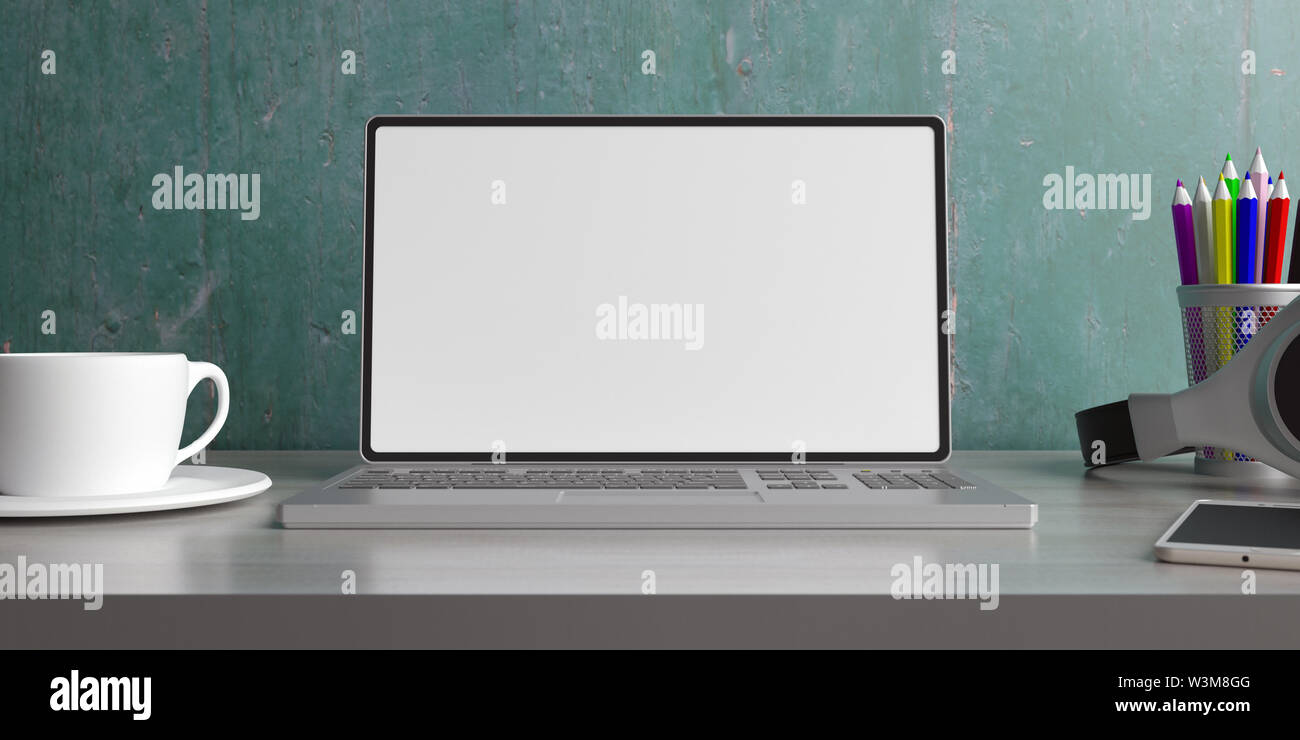 Blank computer screen template. Open laptop with white blank screen on ...