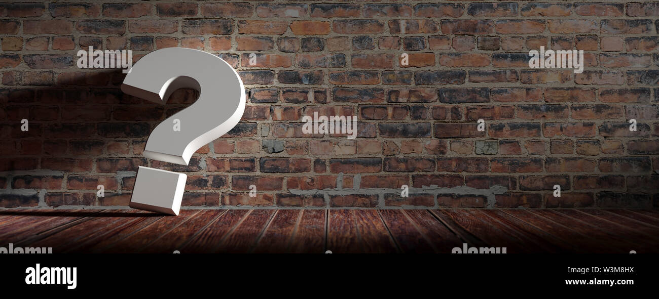 Question mark on wooden floor and vintage brick wall background ...
