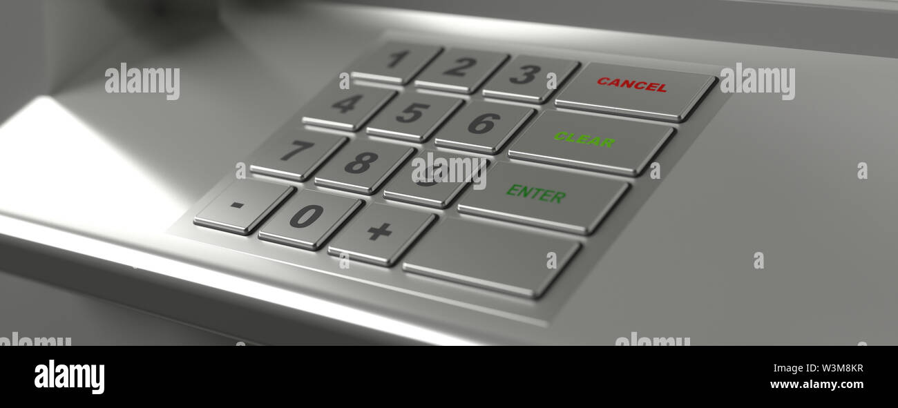 ATM machine keypad, close up view, banner. Cash money, banking system ...