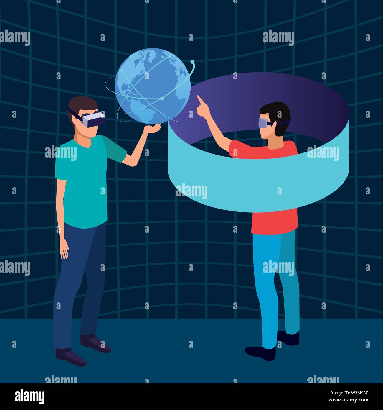 virtual reality technology experience cartoon on blue digital ...
