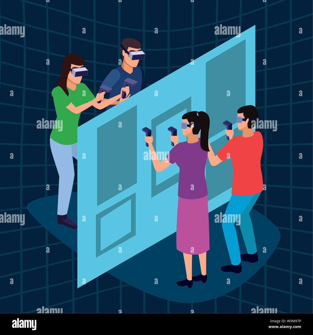 virtual reality technology experience cartoon on blue digital ...
