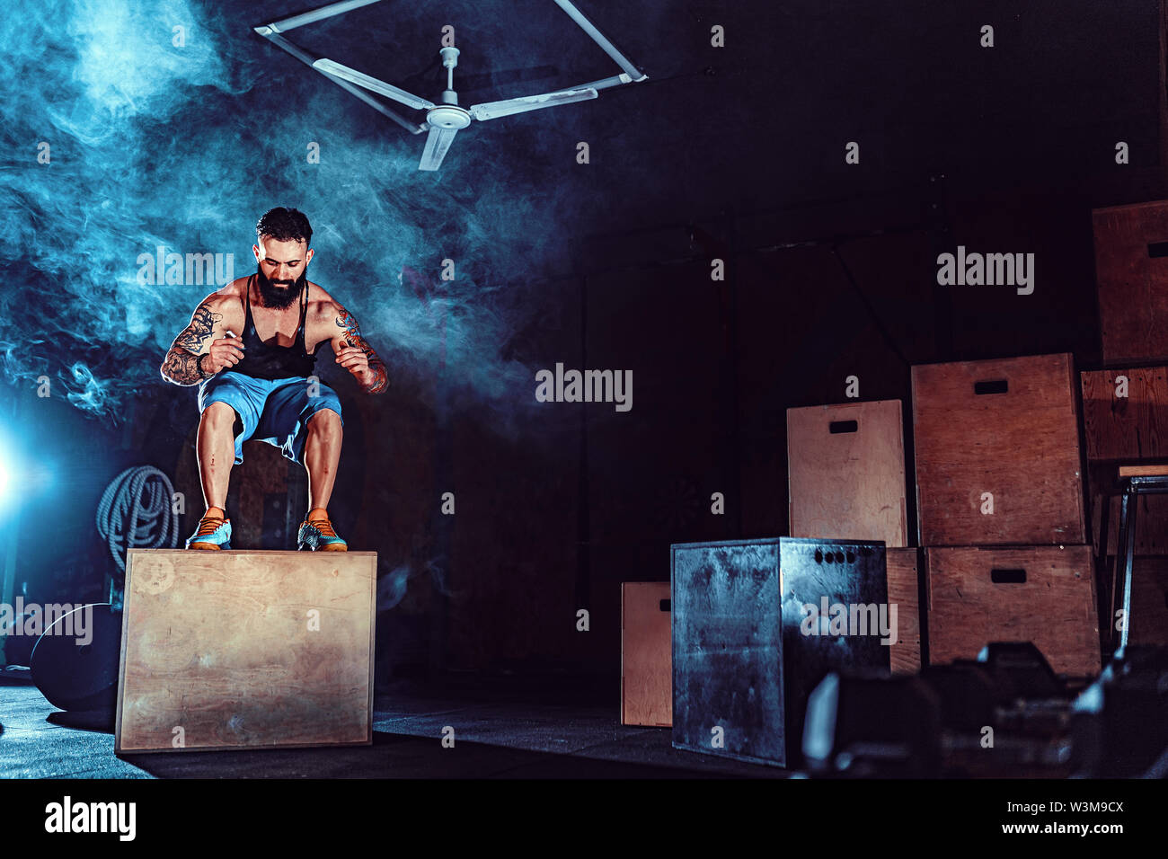 Fit tattoed bearded man jumping onto a box as part of exercise routine ...