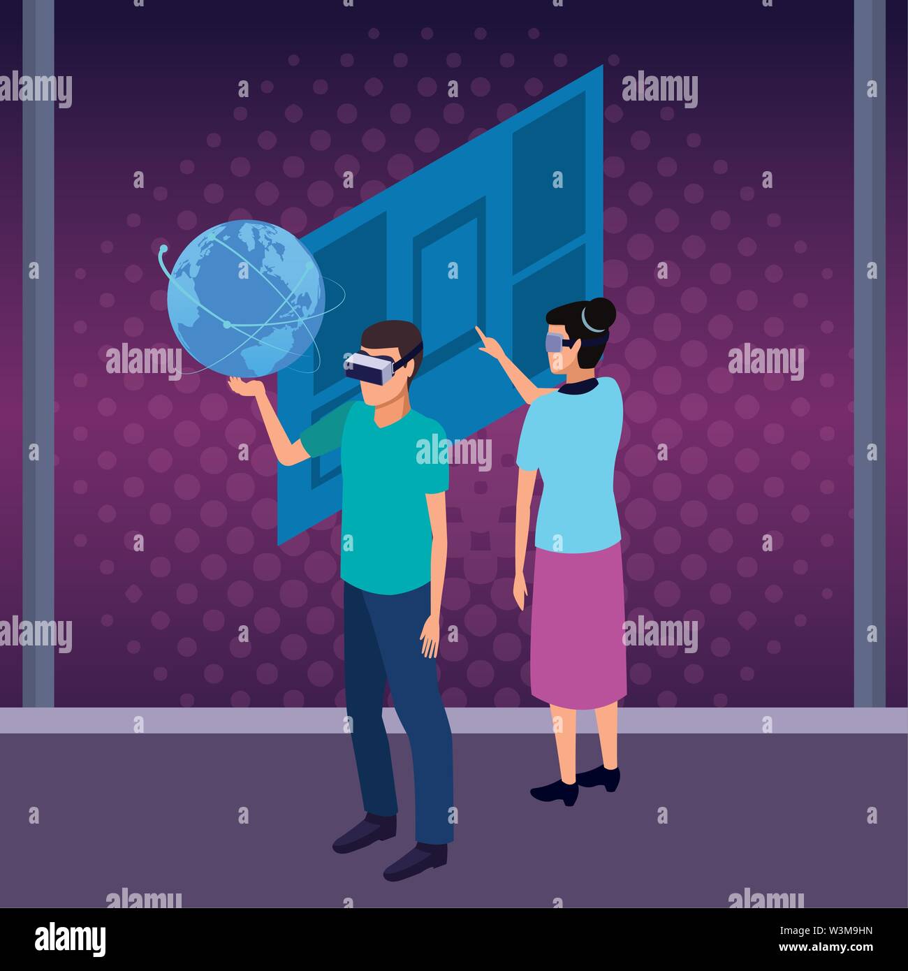 virtual reality technology experience cartoon on purple digital ...