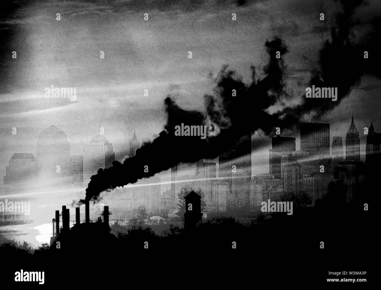 Smoke pollution over city Black and White Stock Photos & Images - Alamy