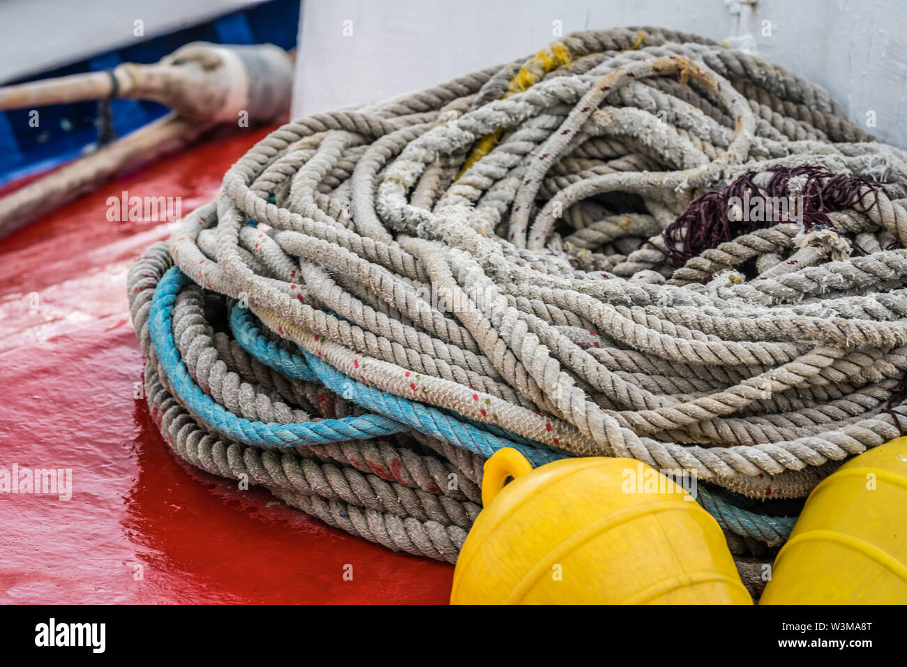 Large pile of thick ropes on fisherman boat deck, Zante Island, Greece ...