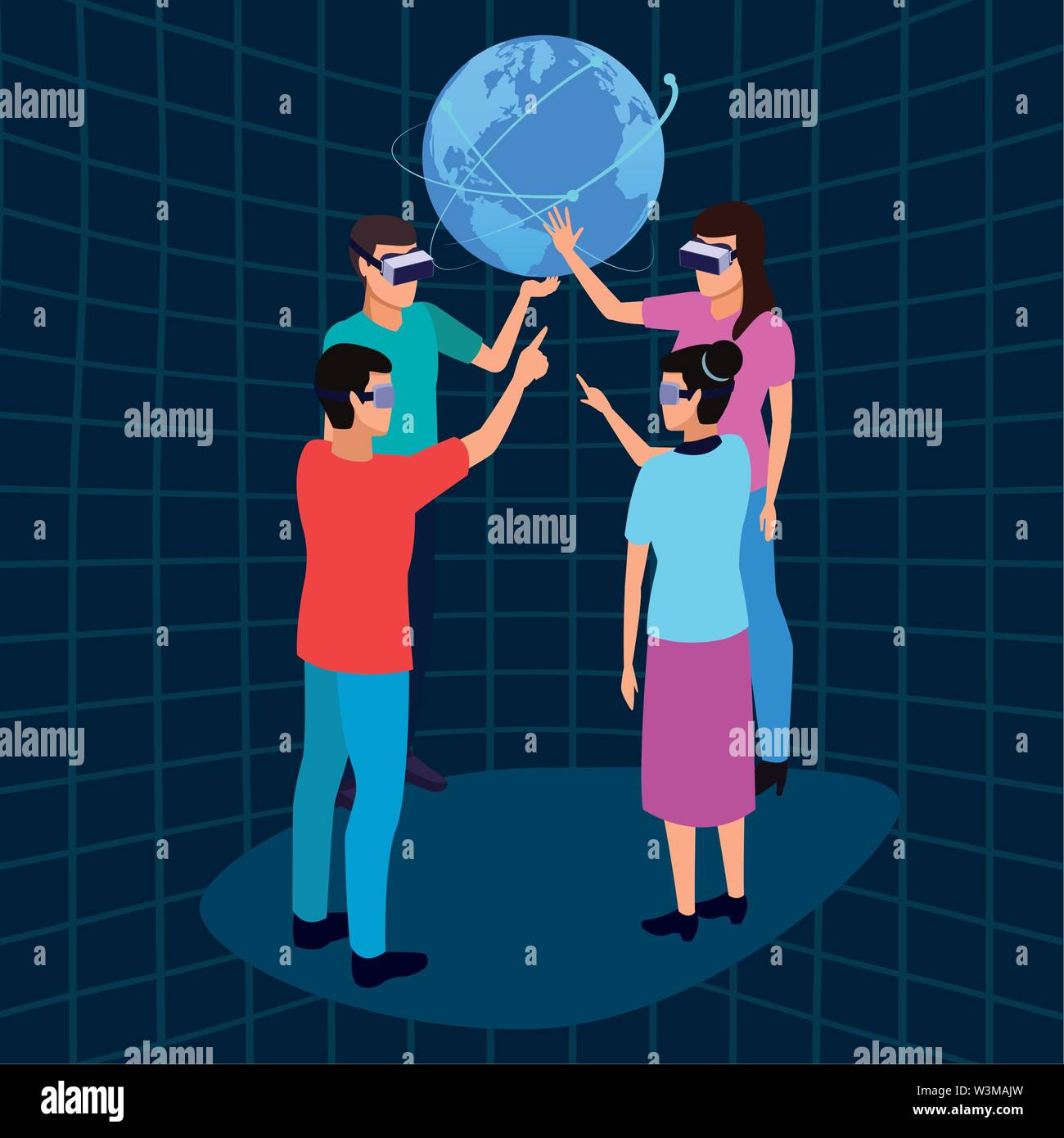 virtual reality technology experience cartoon on blue digital ...