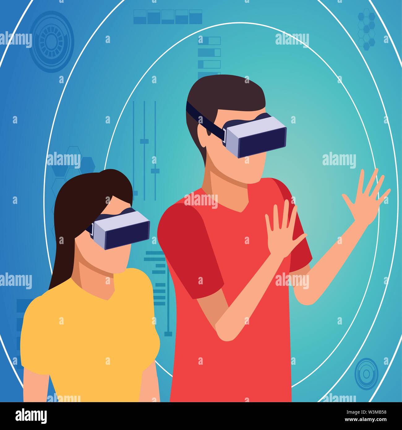 virtual reality technology experience cartoon on blue digital background Stock Vector Image ...
