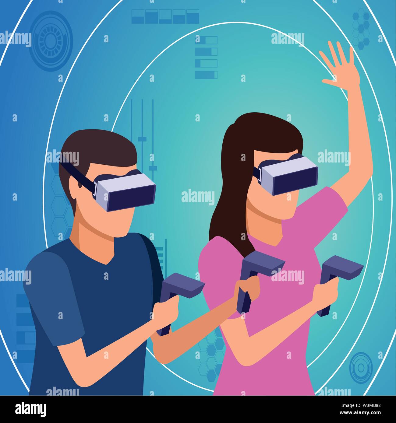 virtual reality technology experience cartoon on blue digital ...