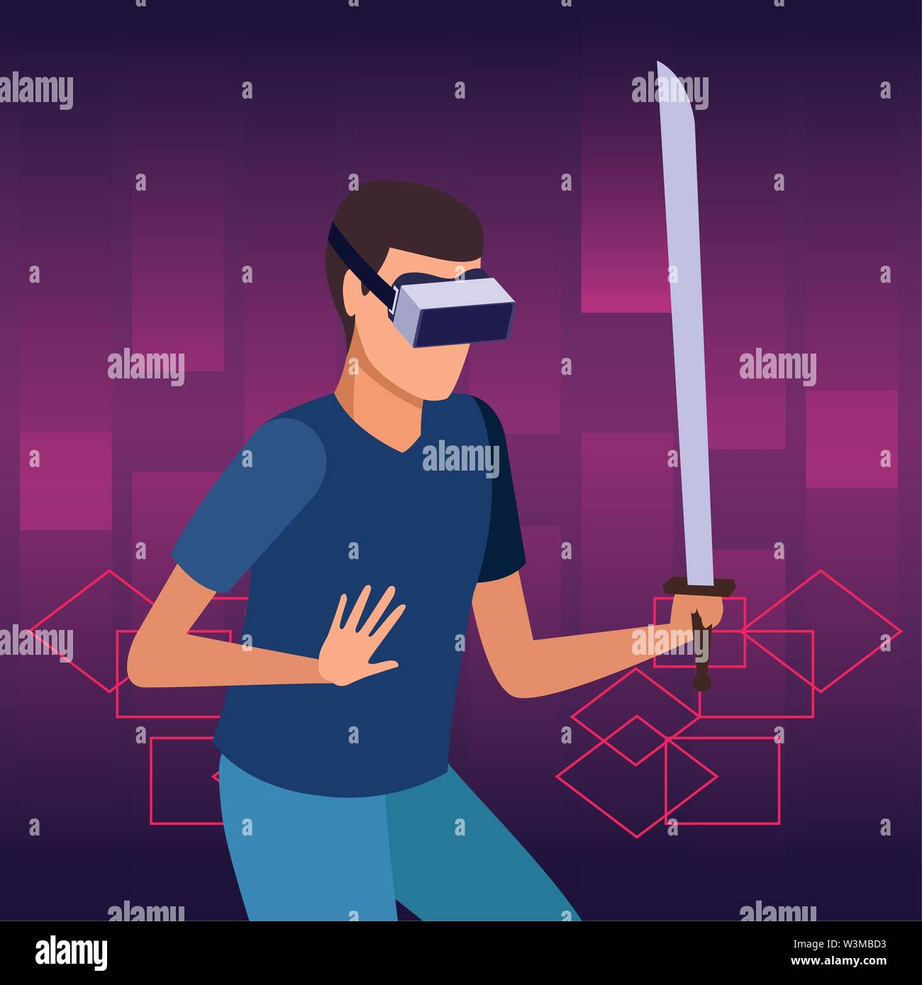 virtual reality technology experience cartoon on purple digital ...