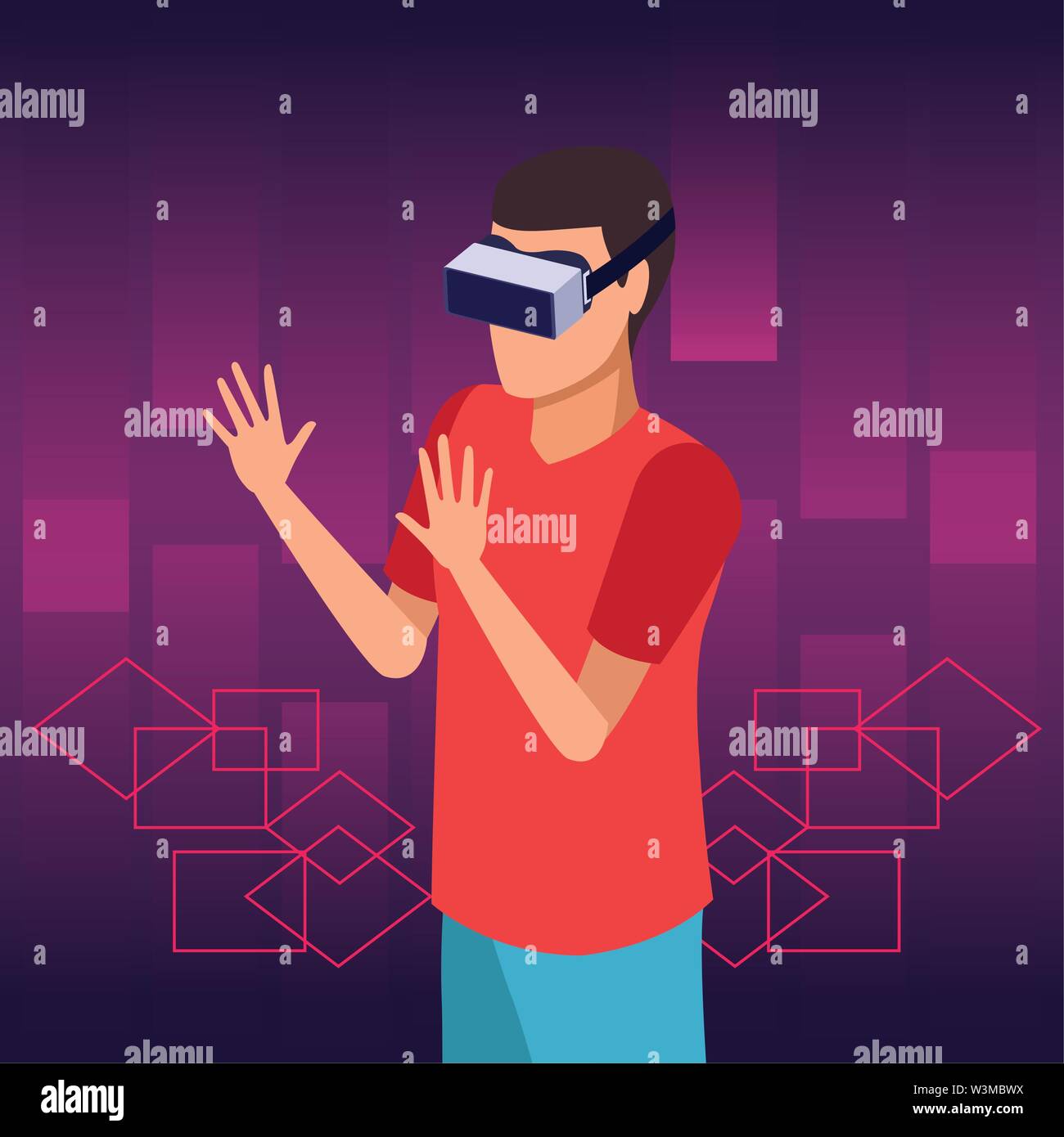 virtual reality technology experience cartoon on purple digital ...
