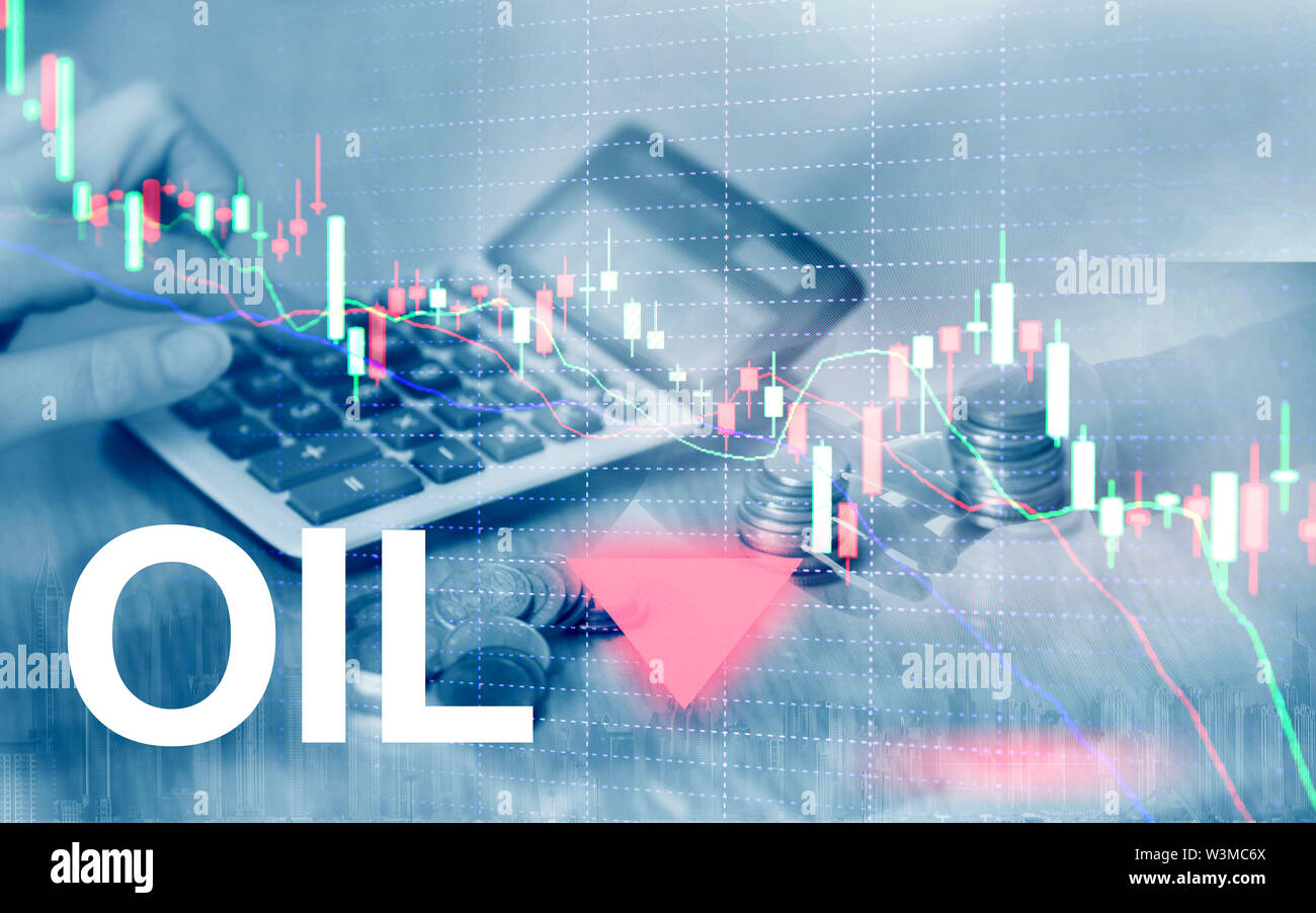 Oil trend down. Candle graph chart Oil barrels and a financial chart on ...