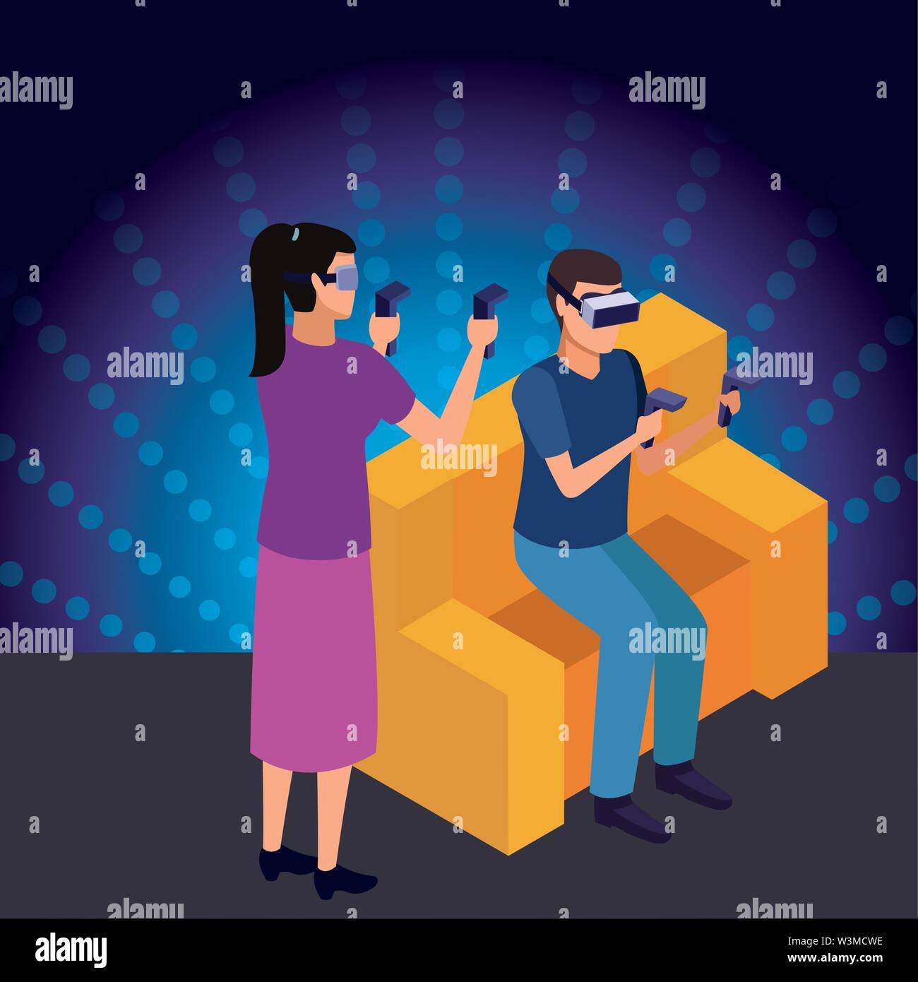 virtual reality technology experience cartoon on blue digital ...