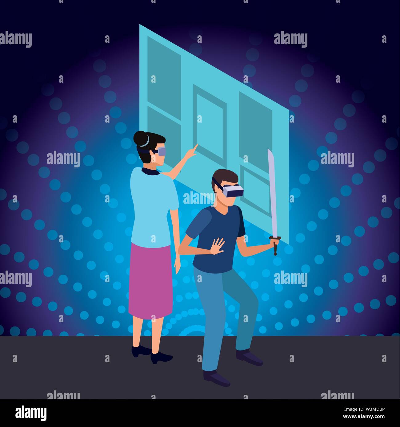 virtual reality technology experience cartoon on blue digital ...