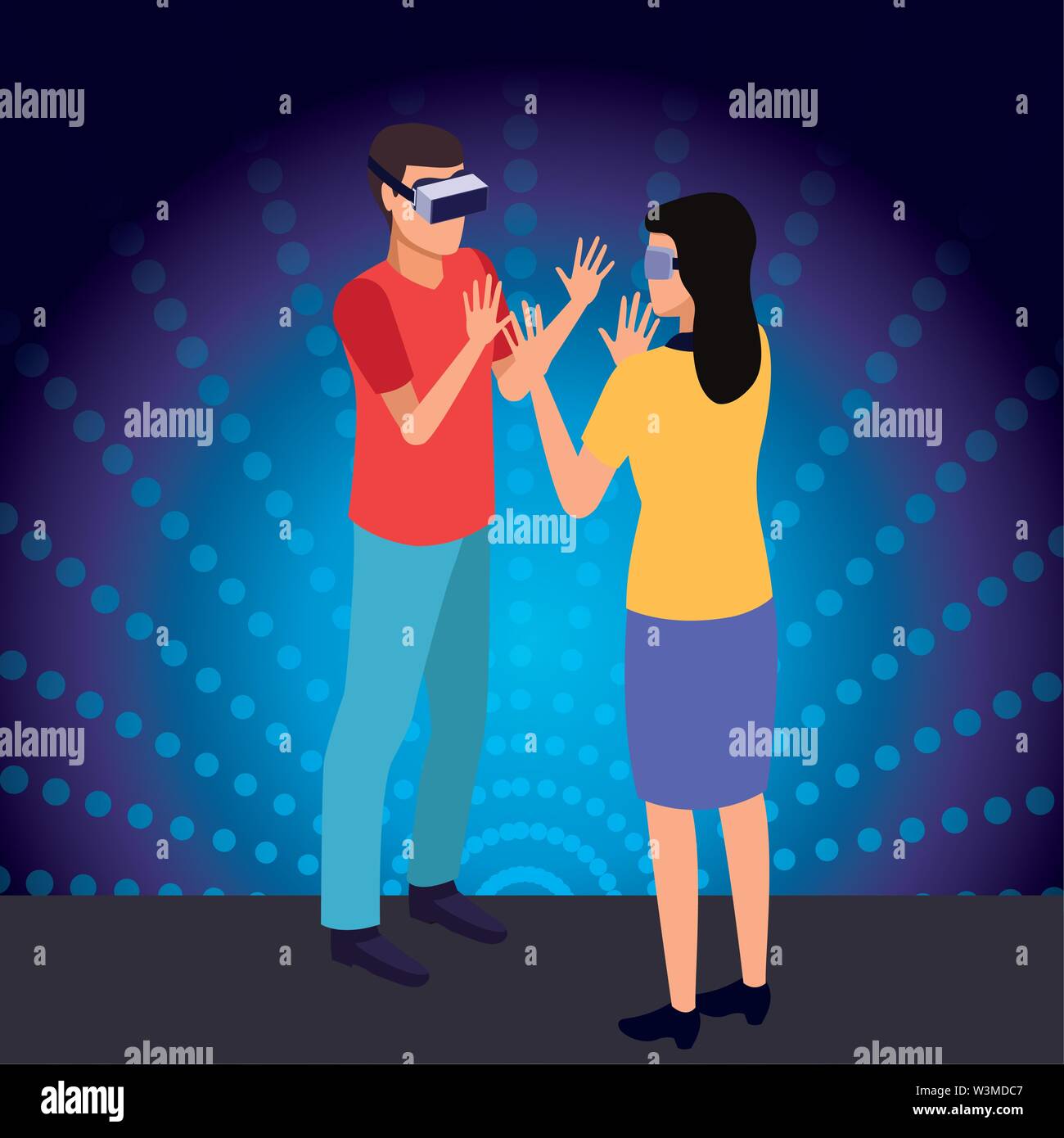 virtual reality technology experience cartoon on blue digital ...