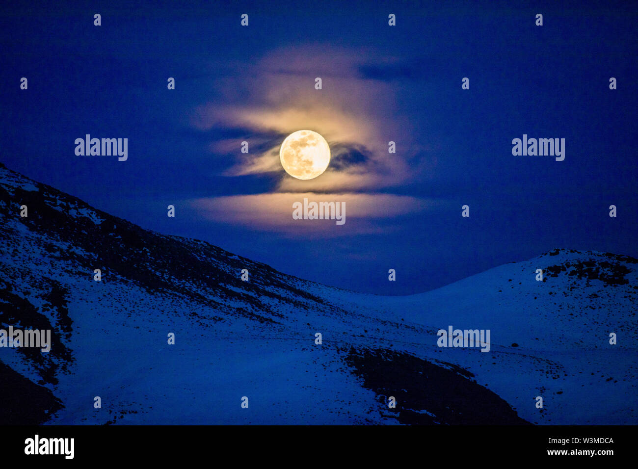 Snowy Mountains At Night With Moon